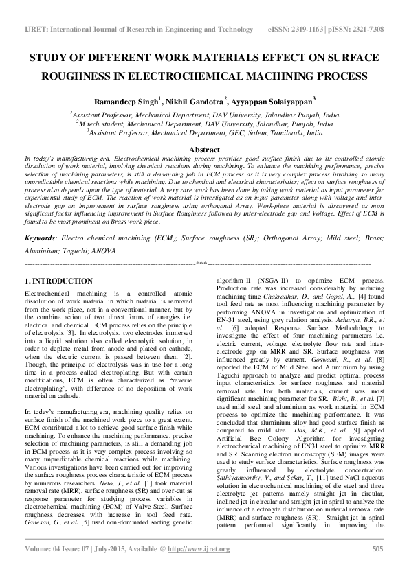 (PDF) Study of Different Work Materials Effect on Surface Roughness in Electrochemical Machining ...