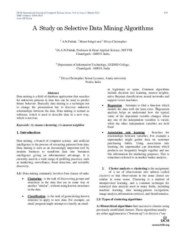 (PDF) A Study on Selective Data Mining Algorithms