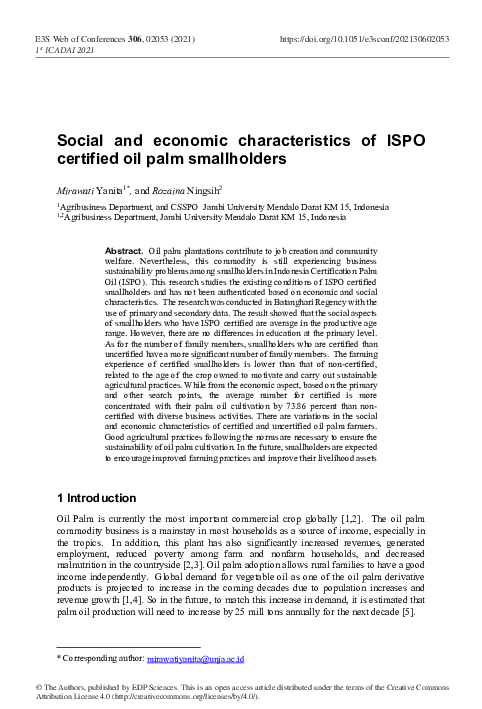 (PDF) Social and economic characteristics of ISPO certified oil palm ...