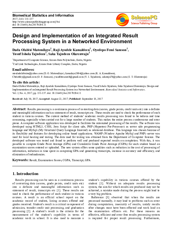 Pdf Design And Implementation Of An Integrated Result Processing System In A Networked Environment