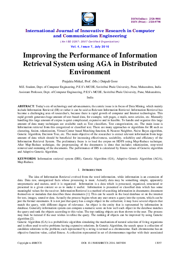 Pdf Improving The Performance Of Information Retrieval System Using Aga In Distributed Environment