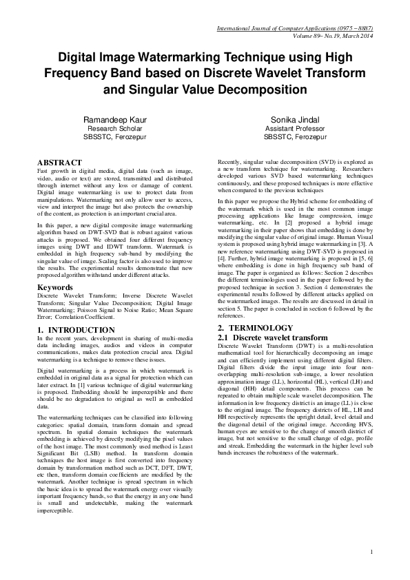 (PDF) Digital Image Watermarking Technique using High Frequency Band based on Discrete Wavelet ...