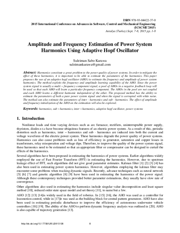 (PDF) Amplitude and Frequency Estimation of Power System Harmonics Using Adaptive Hopf Oscillator