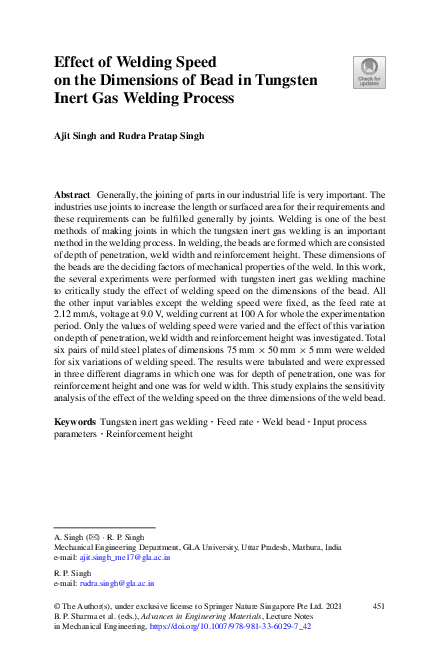 Pdf Effect Of Welding Speed On The Dimensions Of Bead In Tungsten