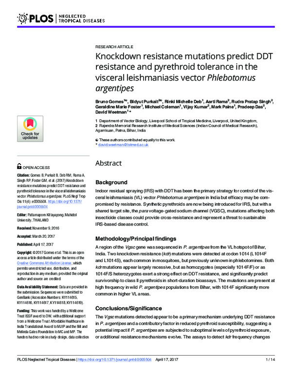 (PDF) Knockdown resistance mutations predict DDT resistance and pyrethroid tolerance in the ...
