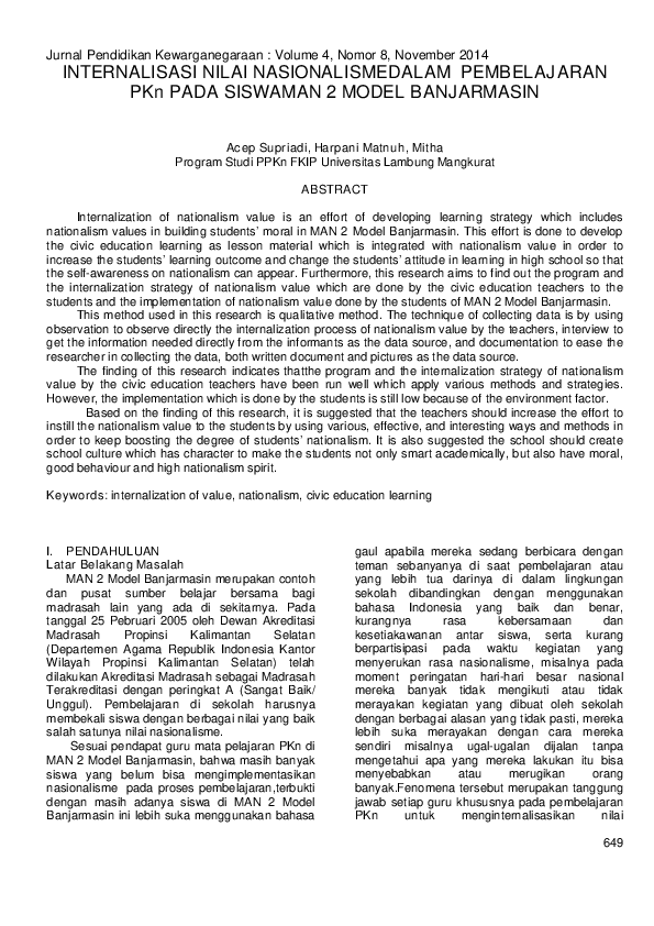 (PDF) INTERNALISASI NILAI NASIONALISME DALAM PEMBELAJARAN PKn PADA ...