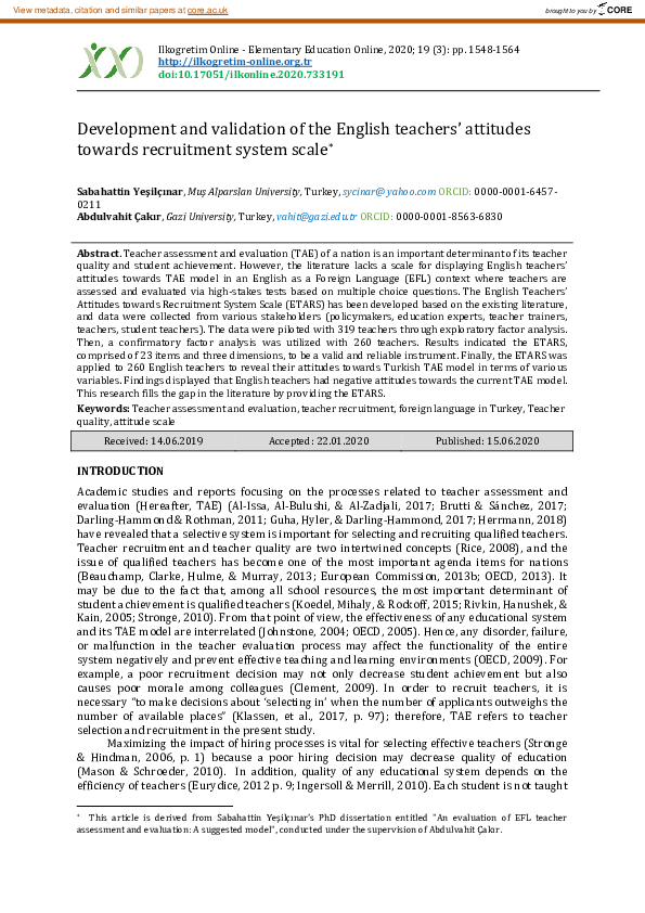 (PDF) Development and validation of the English teachers’ attitudes towards recruitment system scale