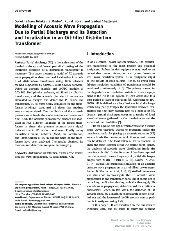 Pdf Modelling Of Acoustic Wave Propagation Due To Partial Discharge And Its Detection And