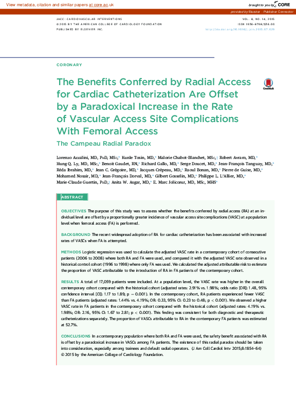 (PDF) The Benefits Conferred by Radial Access for Cardiac Catheterization Are Offset by a ...