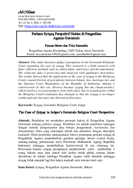 (PDF) The Case of Syiqaq in Judges’s Gorontalo Religion Court ...