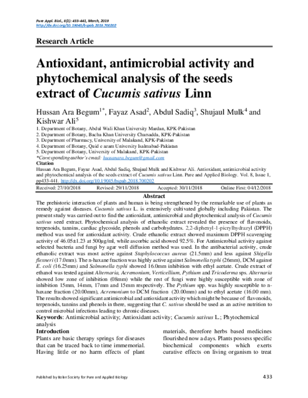 (PDF) Antioxidant and Antimicrobial Activity of Cucumis sativus Seeds