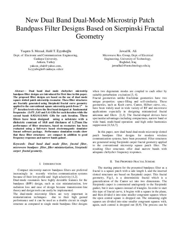 (PDF) New Dual Band Dual-Mode Microstrip Patch Bandpass Filter Designs Based on Sierpinski ...