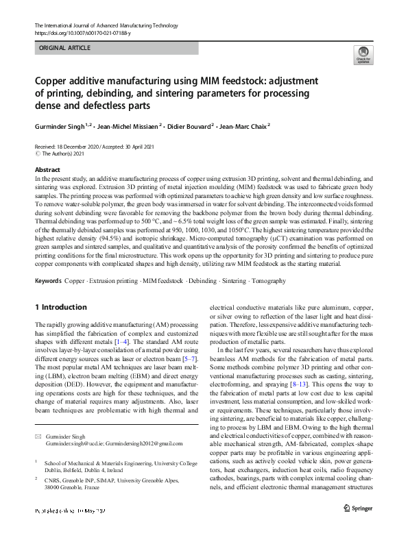 (PDF) Copper additive manufacturing using MIM feedstock: adjustment of ...