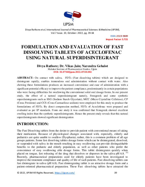 Pdf Formulation And Evaluation Of Fast Dissolving Tablets Of Aceclofenac Using Natural