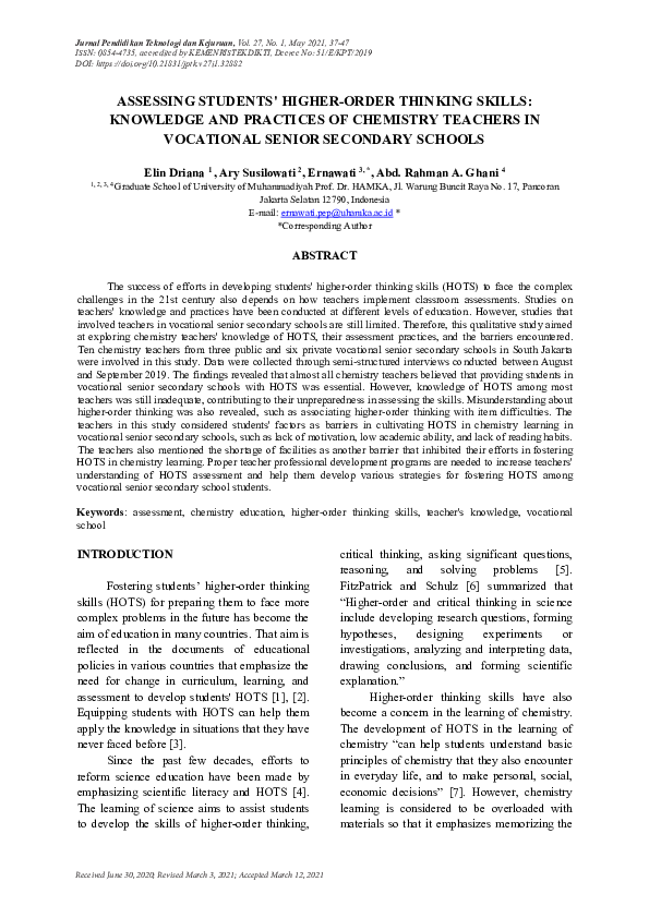 (PDF) Assessing Students' Higher-Order Thinking Skills: Knowledge and Practices of Chemistry ...