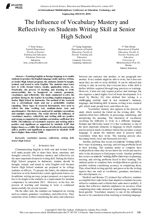 (PDF) The Influence of Vocabulary Mastery and Reflectivity on Students ...