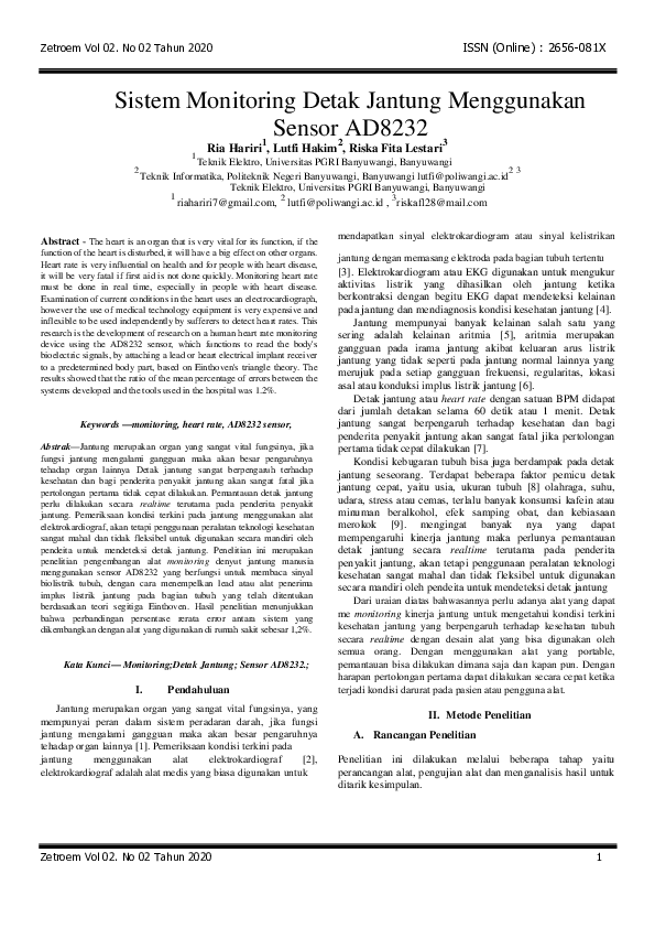 (PDF) Sistem Monitoring Detak Jantung Menggunakan Sensor AD8232