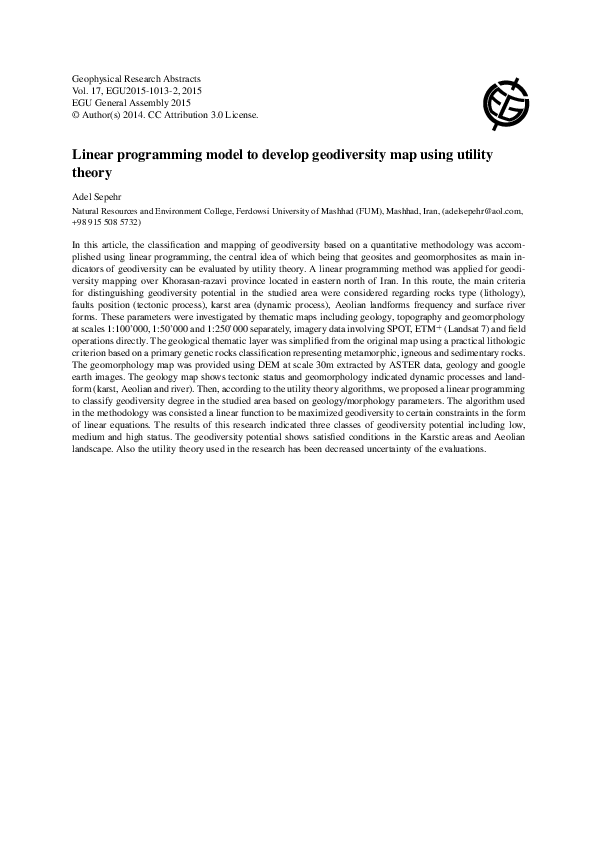 (PDF) Linear programming model to develop geodiversity map using ... (PDF) Linear programming model to develop geodiversity map using ...
