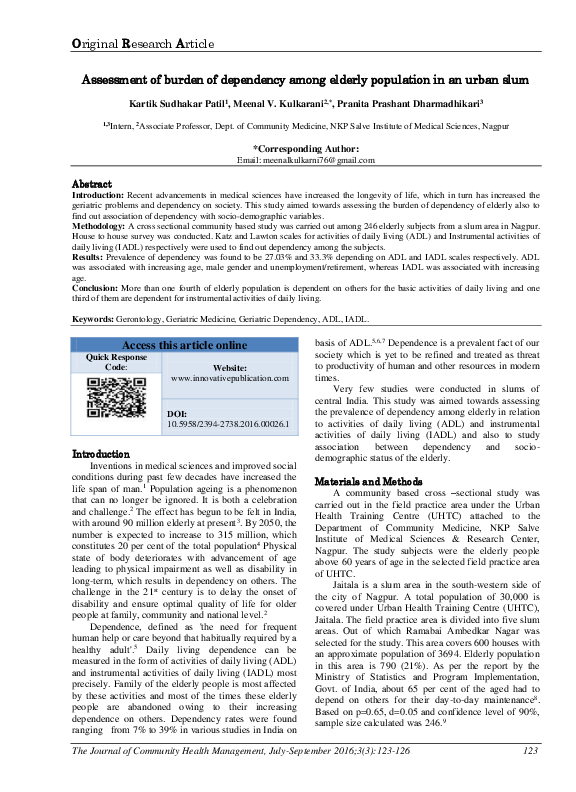 (PDF) Assessment of burden of dependency among elderly population in an ...