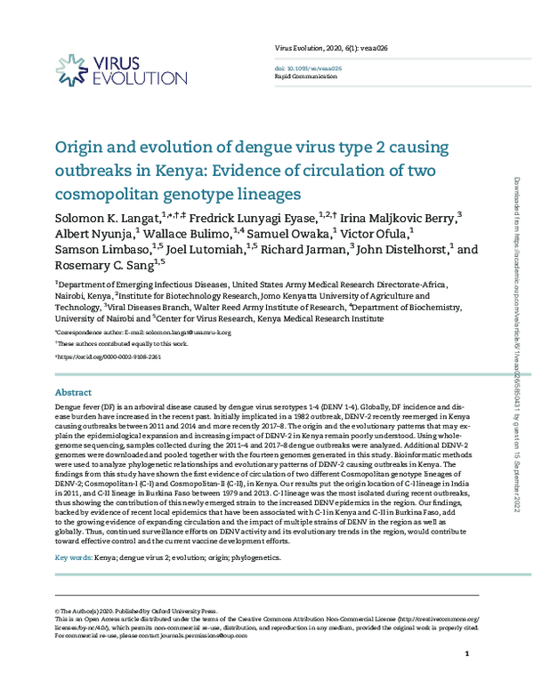 (PDF) Origin and evolution of dengue virus type 2 causing outbreaks in ...