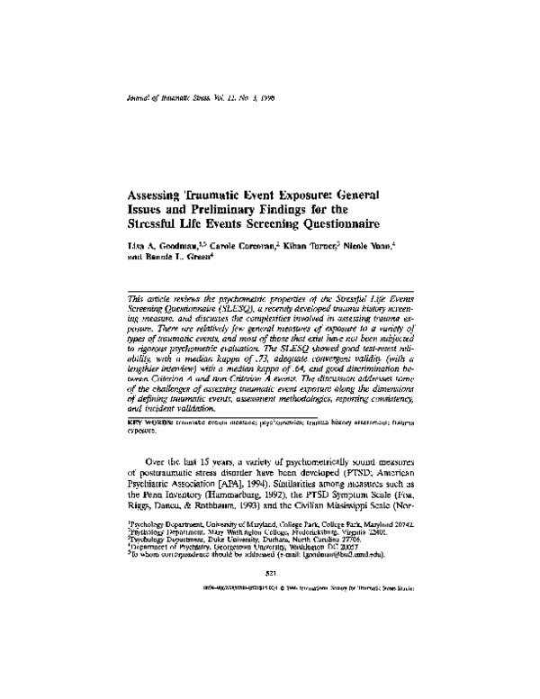 (PDF) Assessing traumatic event exposure: General issues and ...