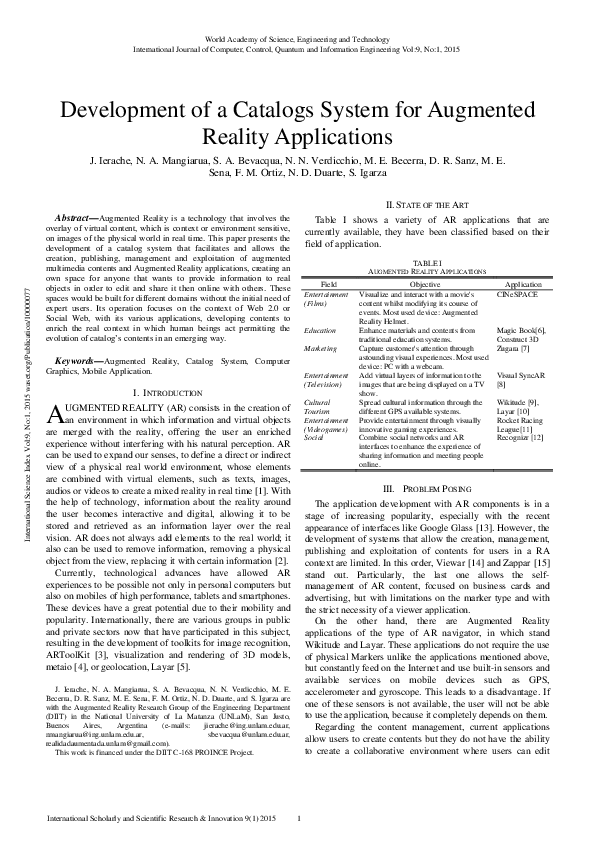 (PDF) Development Of A Catalogs System For Augmented Reality Applications