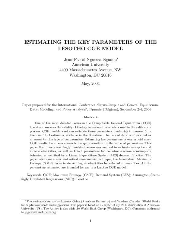 (PDF) Estimating Key Parameters for the Lesotho CGE Model