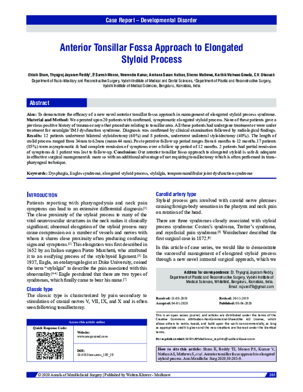 (PDF) Anterior tonsillar fossa approach to elongated styloid process