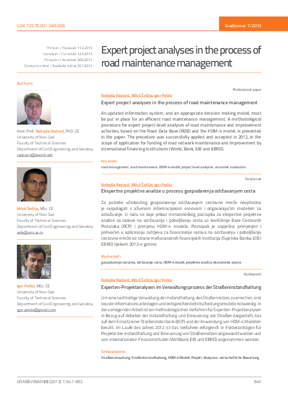 (PDF) Expert project analyses in the process of road maintenance management