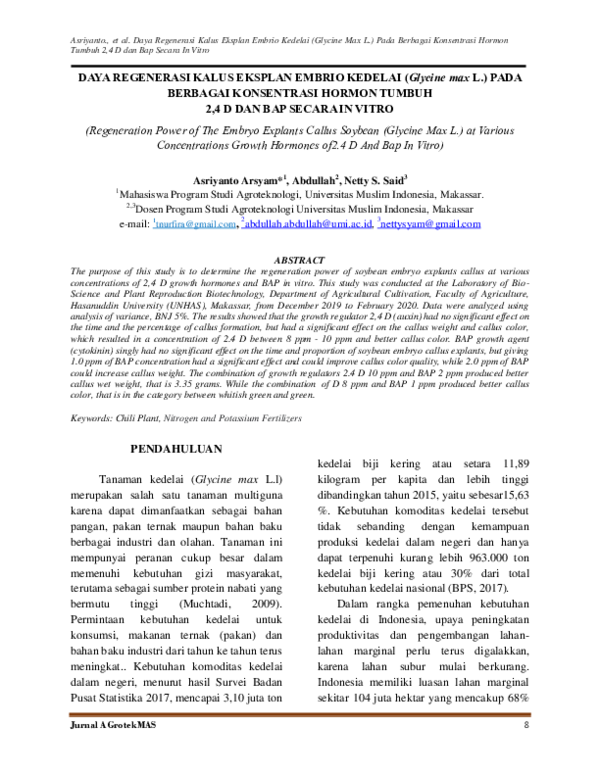 (PDF) DAYA REGENERASI KALUS EKSPLAN EMBRIO KEDELAI (Glycine max L ...
