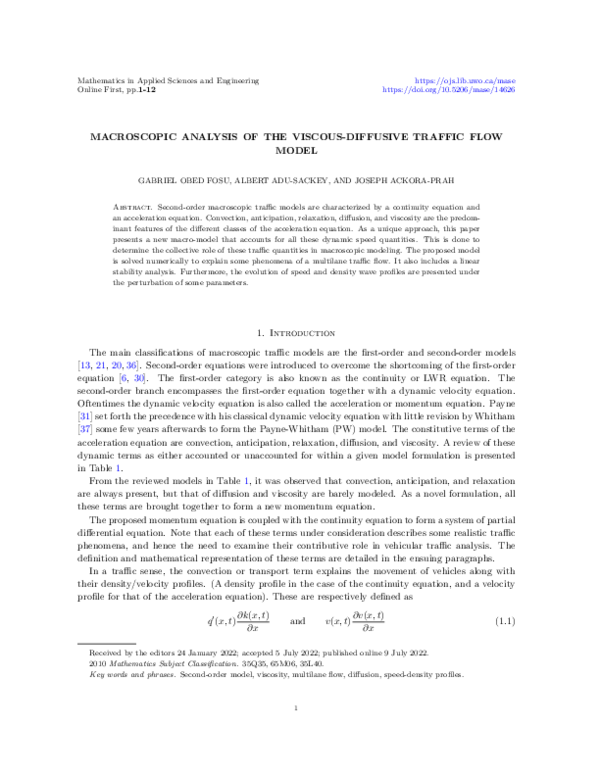 (PDF) Macroscopic Analysis Of The Viscous-Diffusive Traffic Flow Model