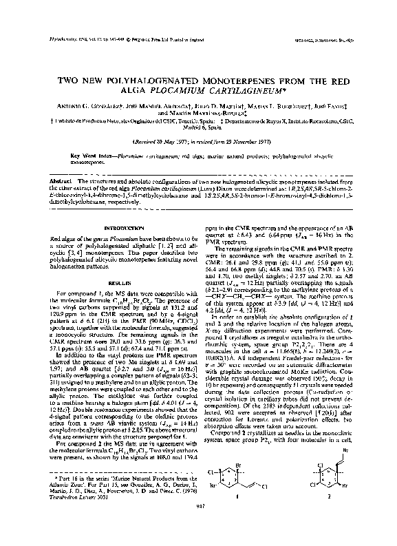 (PDF) Two new polyhalogenated monoterpenes from the red alga Plocamium ...