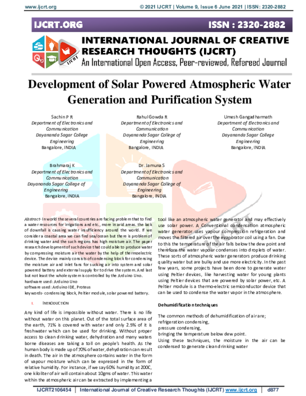 (PDF) Solar-Powered Atmospheric Water Generation and Purification System