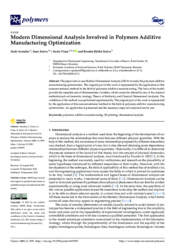 (PDF) Modern Dimensional Analysis Involved in Polymers Additive Manufacturing Optimization