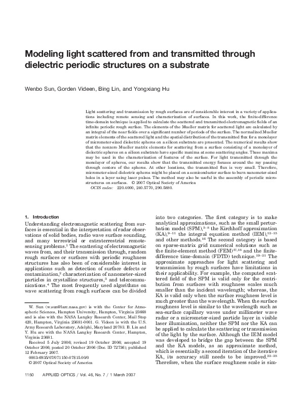 (PDF) Modeling light scattered from and transmitted through dielectric periodic structures on a ...