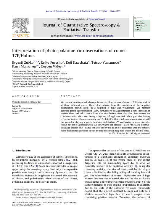 (PDF) Interpretation of photo-polarimetric observations of comet 17P/Holmes