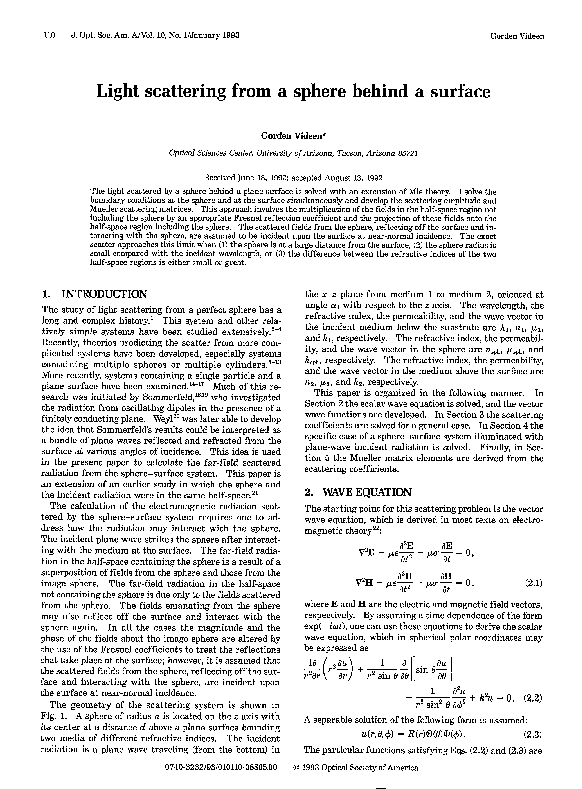(PDF) Light scattering from a sphere behind a surface
