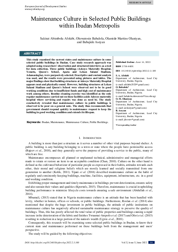 (PDF) Maintenance Culture in Selected Public Buildings within Ibadan ...