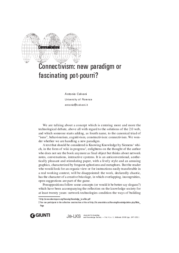 (PDF) Connectivism: new paradigm or fascinating pot-pourri? Je-LKS Communications