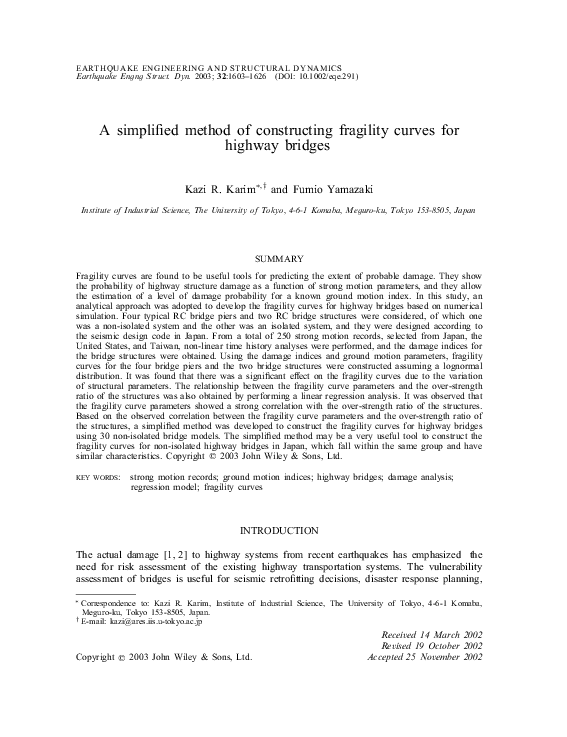 Pdf A Simplified Method Of Constructing Fragility Curves For Highway