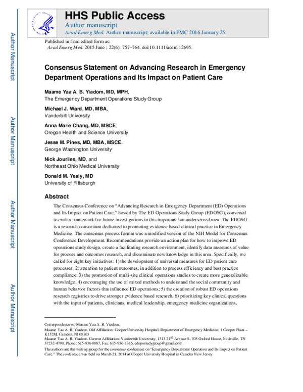 (PDF) Consensus Statement on Advancing Research in Emergency Department ...