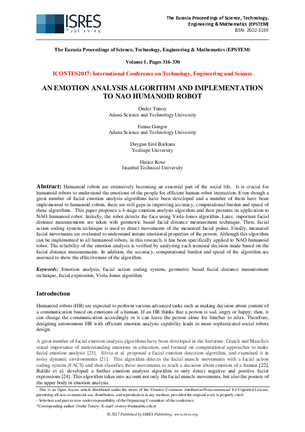 Pdf An Emotion Analysis Algorithm And Implementation To Nao Humanoid Robot
