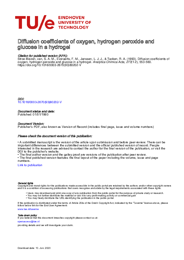 (PDF) Diffusion coefficients of oxygen, hydrogen peroxide and glucose ...