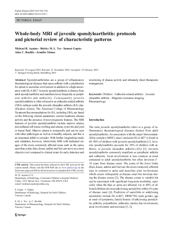 (PDF) Whole-body MRI of juvenile spondyloarthritis: protocols and ...