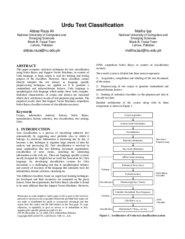 (PDF) Urdu text classification