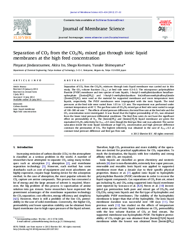 Pdf Separation Of Co2 From The Co2 N2 Mixed Gas Through Ionic Liquid