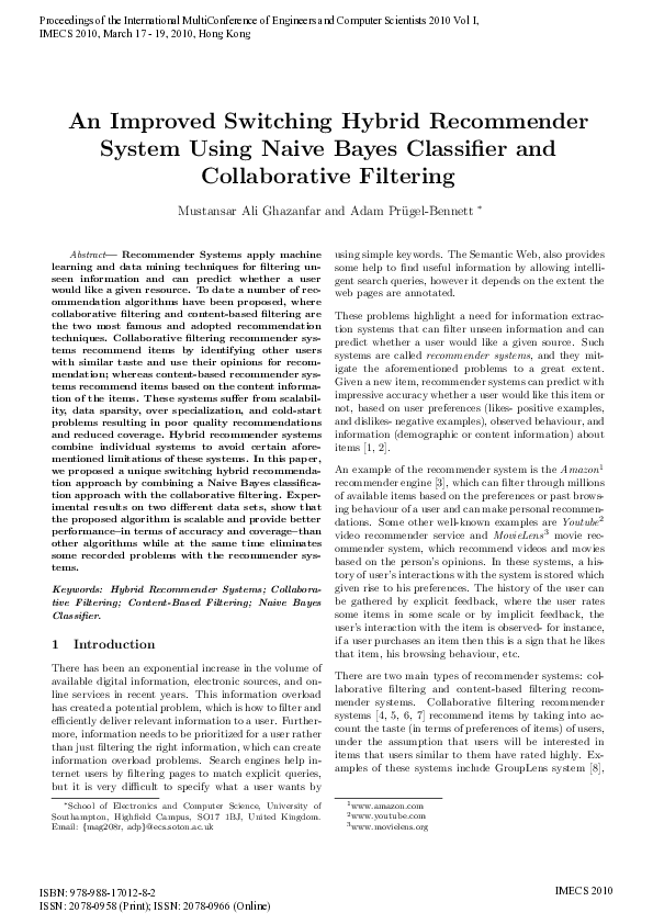 (PDF) An Improved Switching Hybrid Recommender System Using Naive Bayes ...