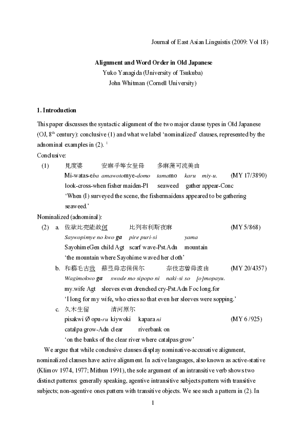 (PDF) Alignment and word order in Old Japanese