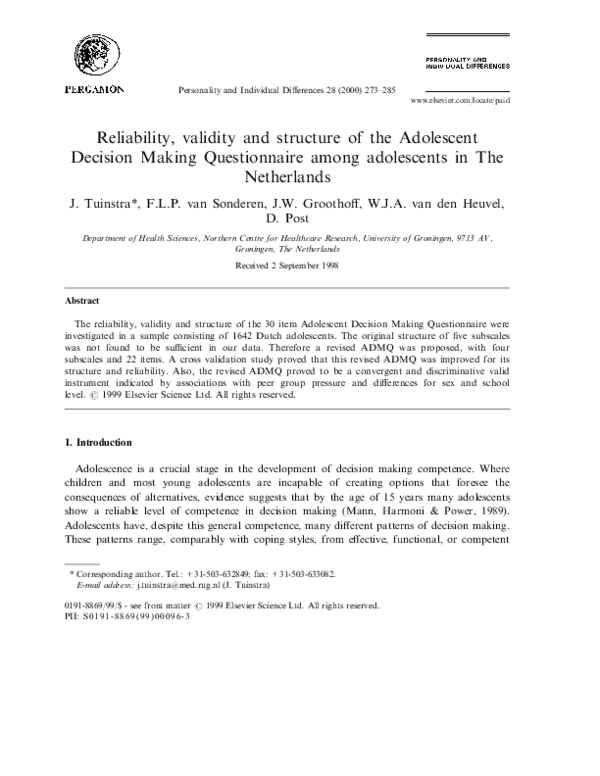 (PDF) Reliability, validity and structure of the Adolescent Decision ...