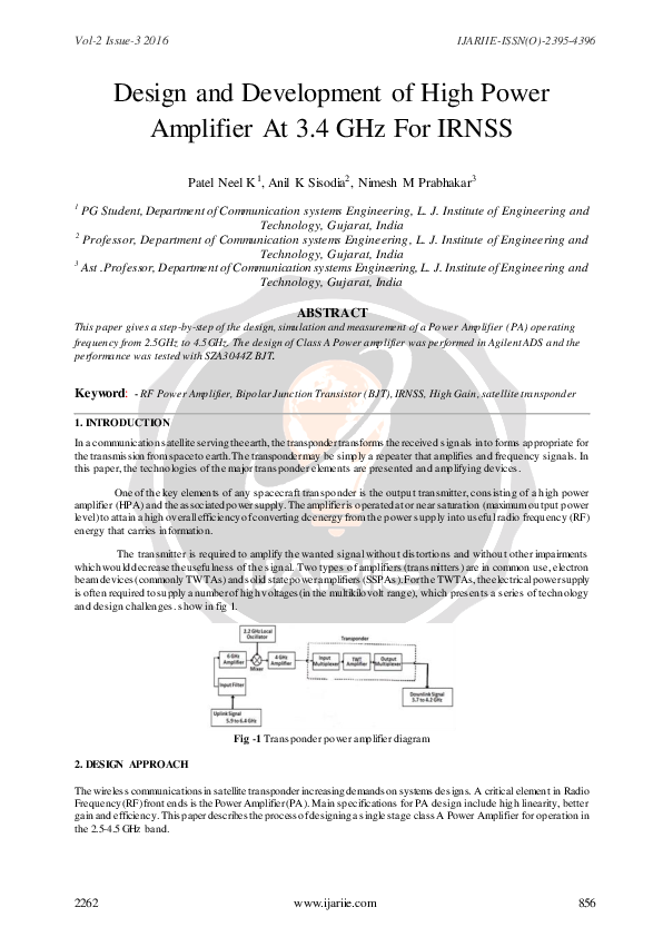 (PDF) Design and Development of High Power Amplifier At 3.4 GHz For IRNSS